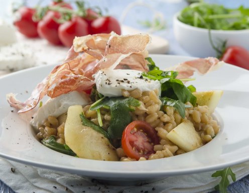 Ziegenkäse-Eblysotto mit Honigmelone und Prosciutto Rezept - ichkoche